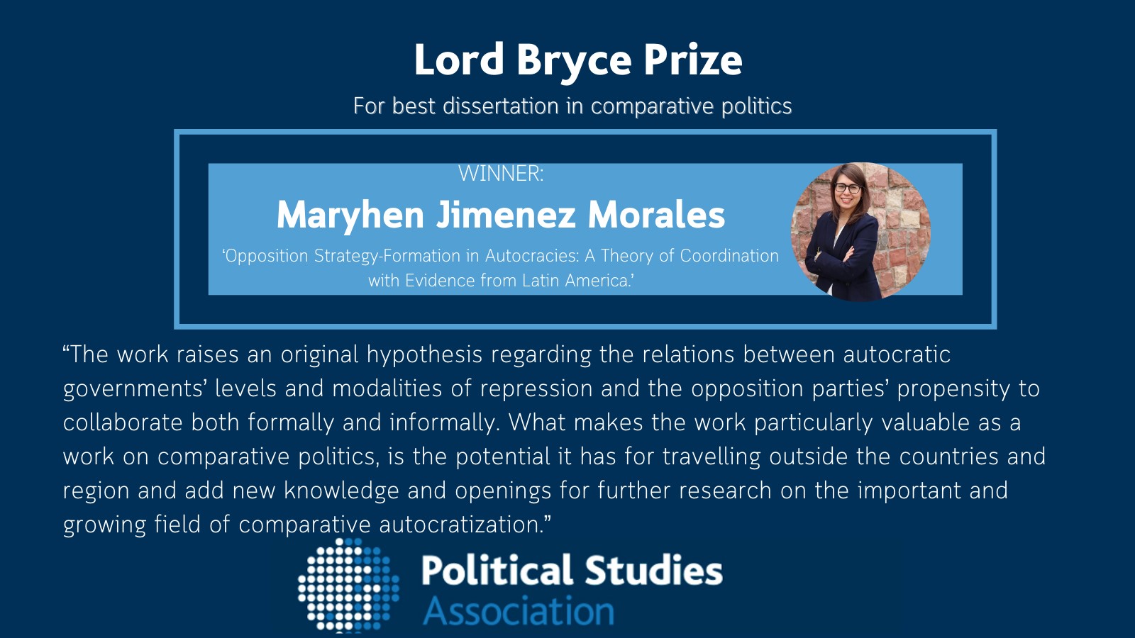Maryhen Jiménez Morales wins the Lord Bryce Award for best dissertation ...